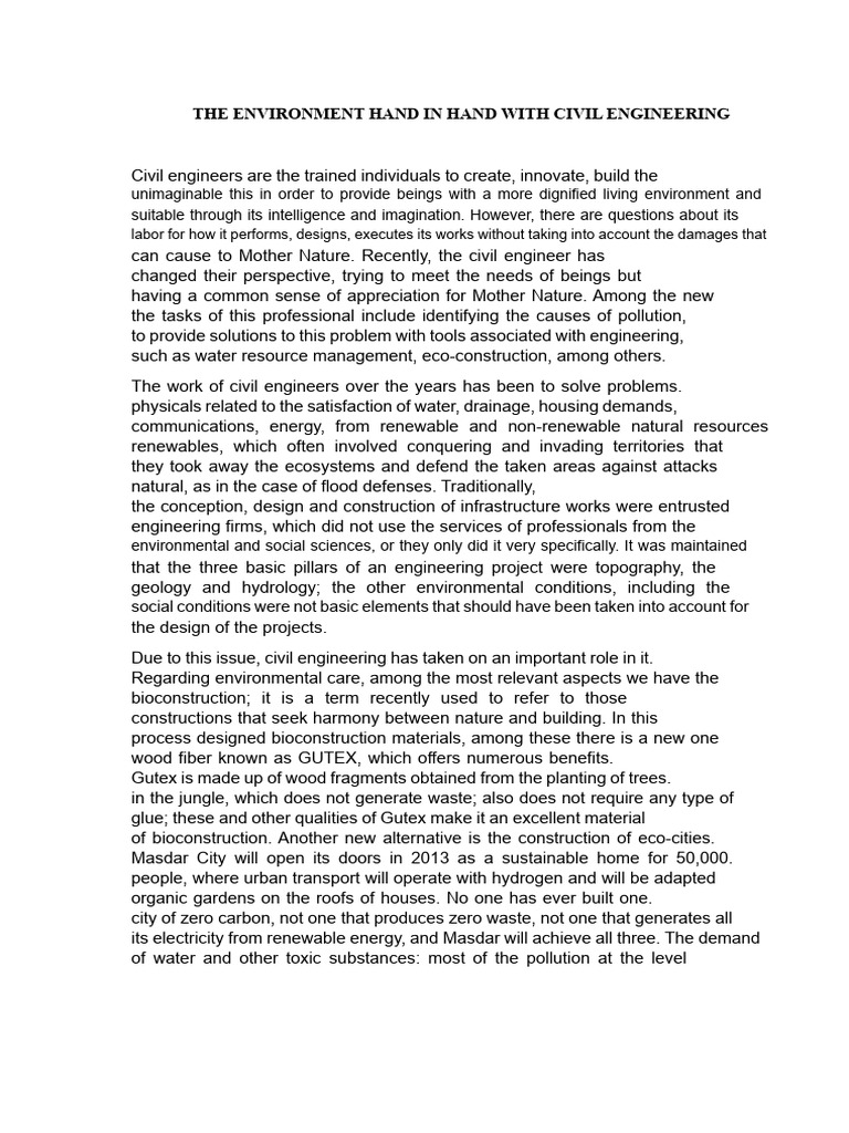 THE ENVIRONMENT HAND IN HAND WITH CIVIL ENGINEERING Essay | PDF | Water ...