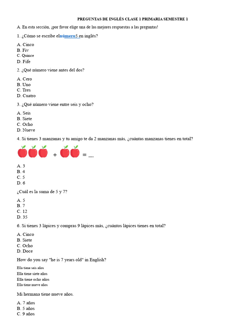 Preguntas de Inglés para La Clase 1 de Primaria Semestre 1 | PDF
