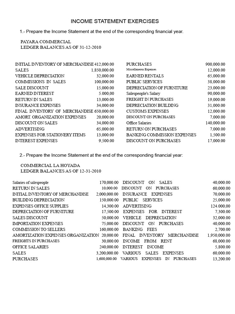 Income Statement Exercises | PDF | Expense | Income Statement