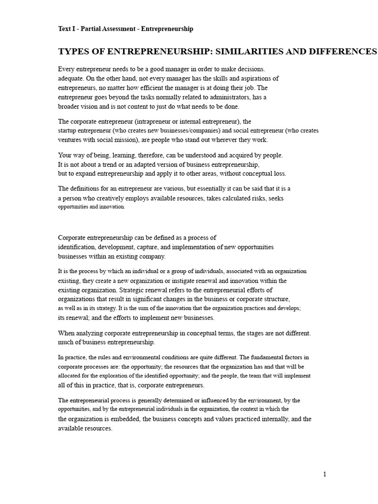 Text I - Test-Types of Entrepreneurship | PDF | Entrepreneurship ...