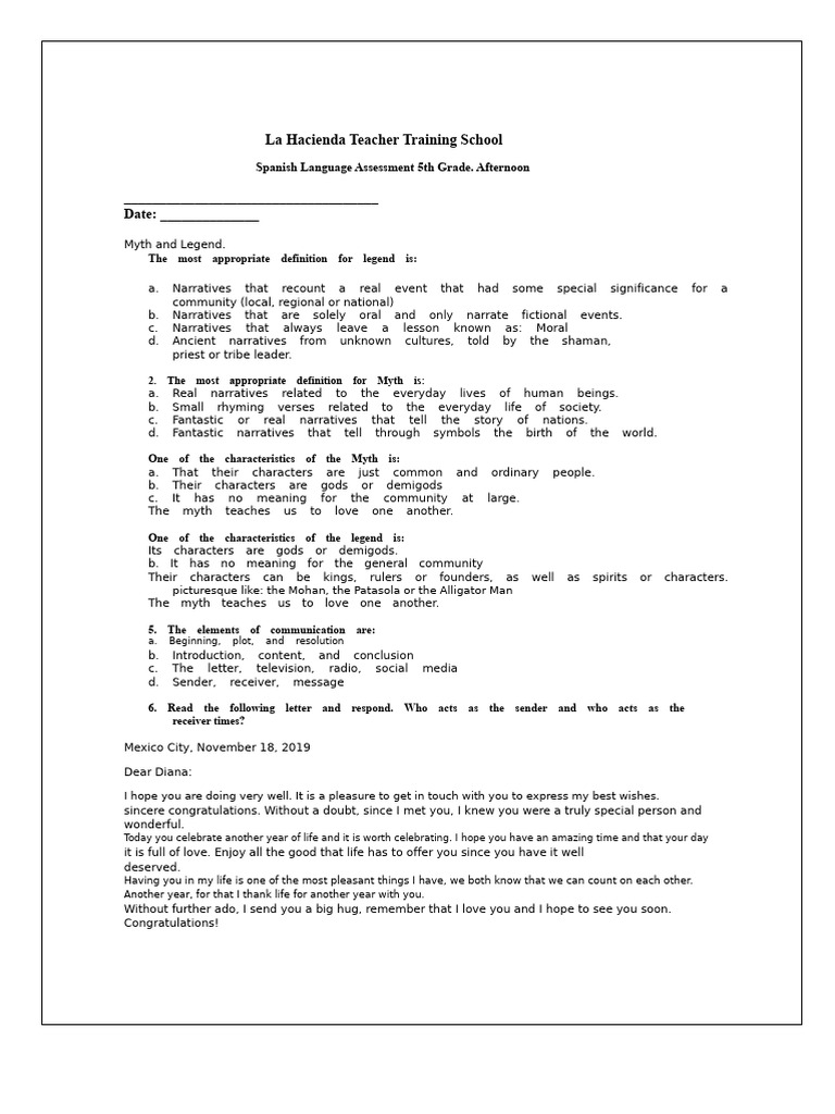 Language Assessment 5th Grade 2020 | PDF | Narrative | Legends