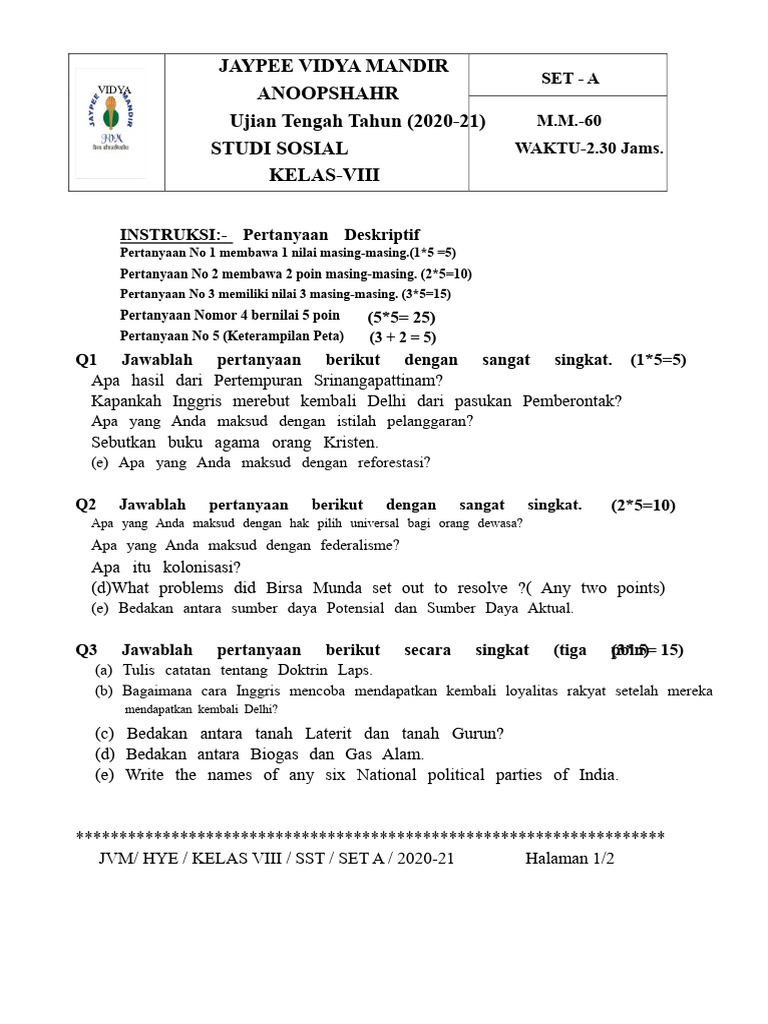 Kelas 8 SST Ncert Contoh Soal Ujian Baru 2020-2021 | PDF