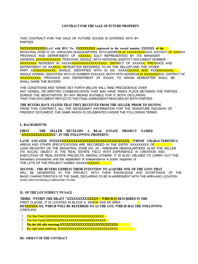 Model Purchase and Sale Contract of Future Goods For Cohabitants | PDF ...