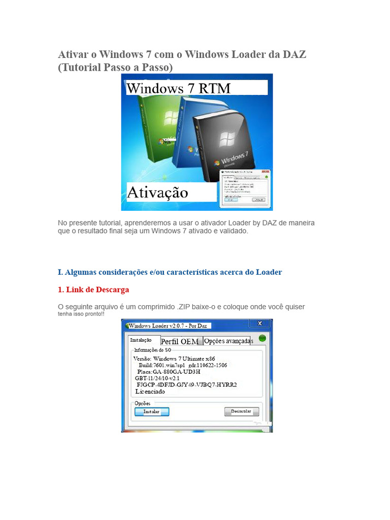 Ativação do Windows 7 com DAZ Loader | PDF | Windows 7 | Microsoft Windows