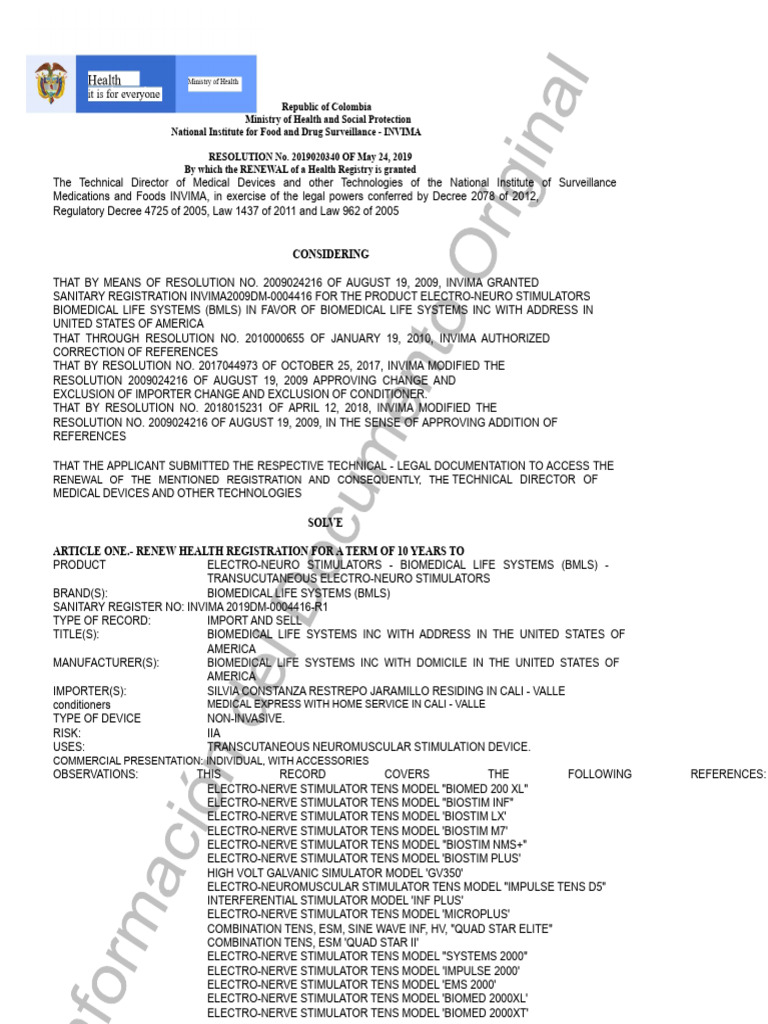 Invima 2019DM-0004416-R1 Biomedical | PDF | Medical Device | Medicine