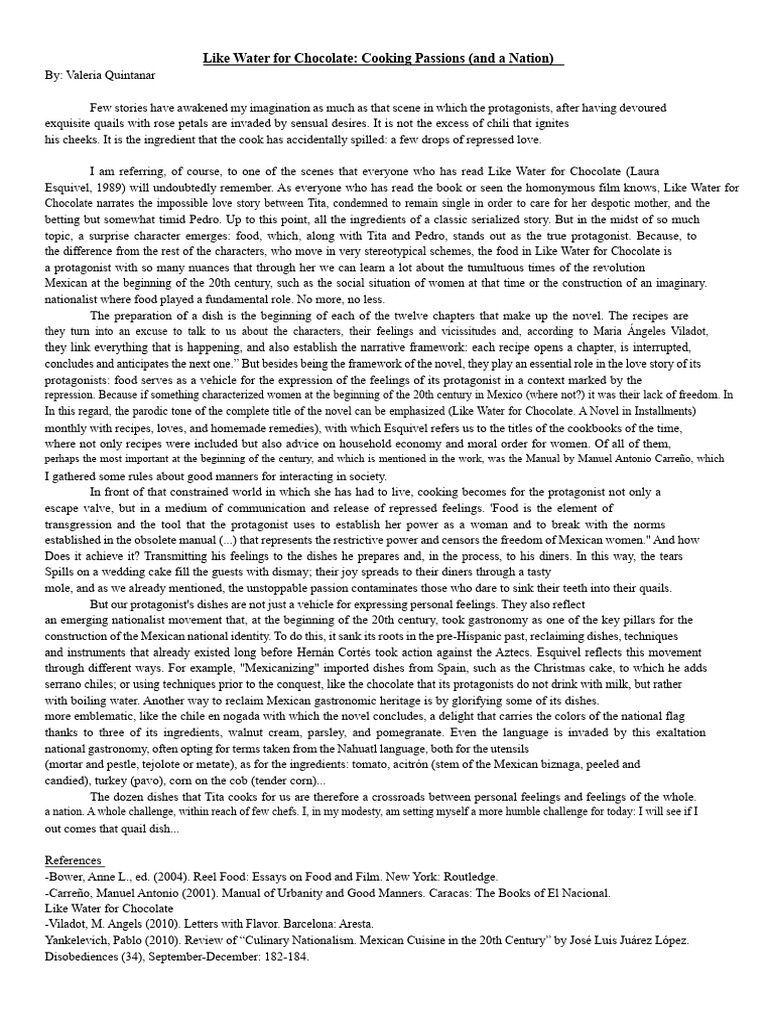 Essay On The Work Like Water For Chocolate, by Laura Esquivel | PDF | Foods | Cooking