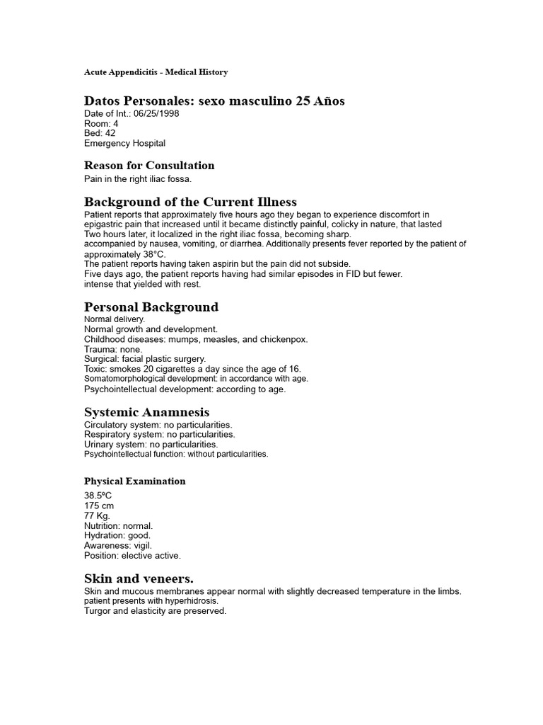 Clinical History of Acute Appendicitis | PDF | Abdomen | Respiratory System