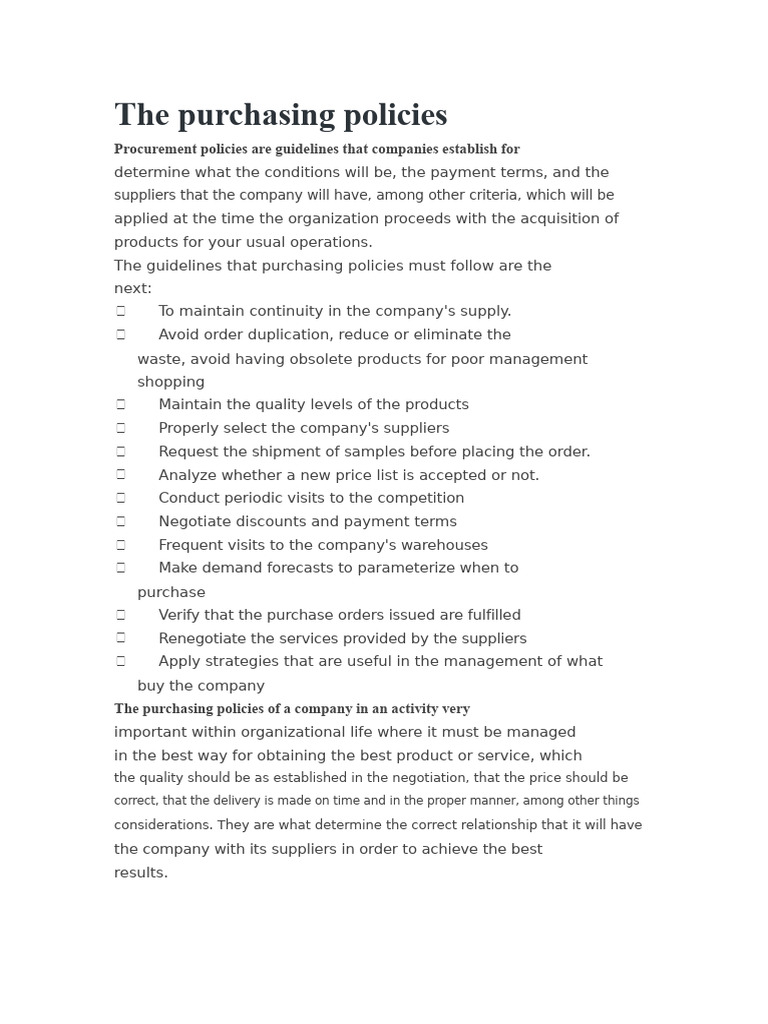 The Purchasing Policies | PDF | Supply Chain | Procurement