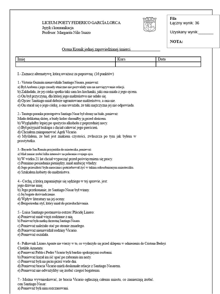 Próba Kroniki Zapowiedzianej Śmierci | PDF