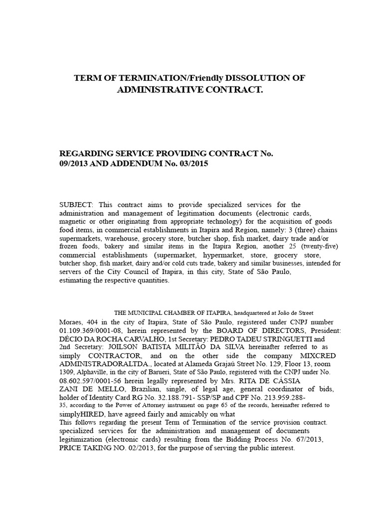 Model Termination Agreement Friendly Administrative Contract 20151029132545 | PDF | Grocery ...