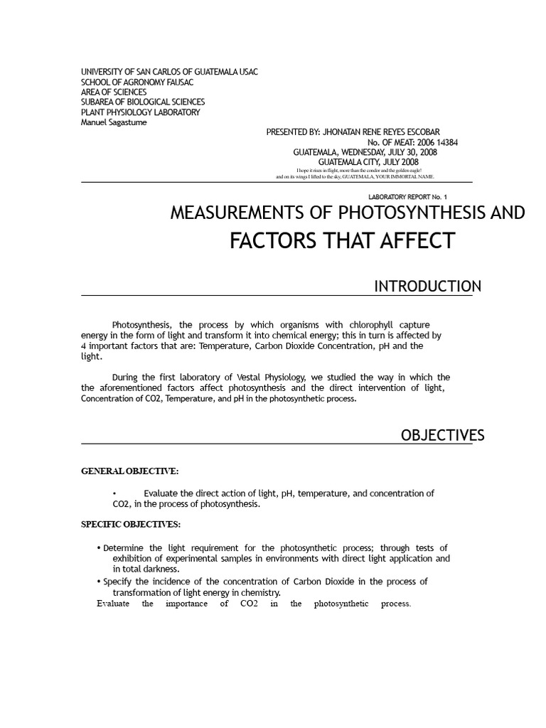 Photosynthesis Factors Laboratory Report | PDF | Photosynthesis ...