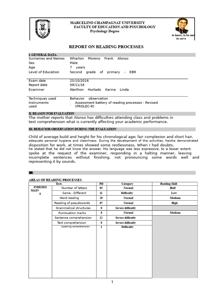 Reading Evaluation Report for Alonso | PDF | Reading Comprehension ...