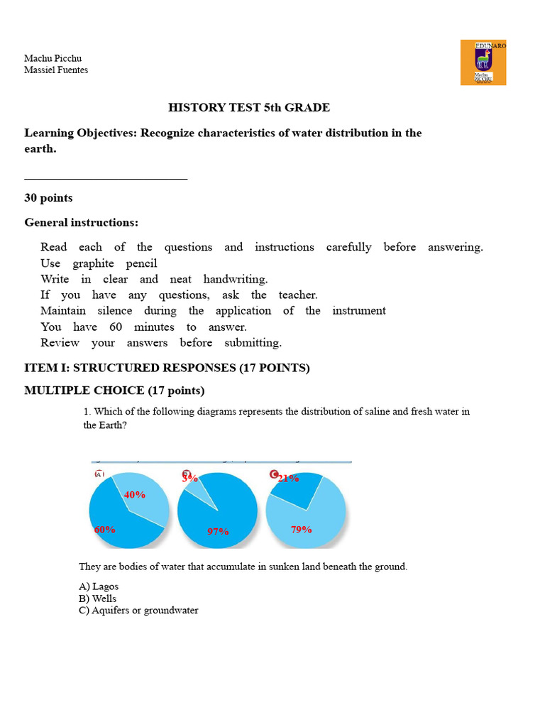 5th Grade Water Distribution Test | PDF | Water | Oceans