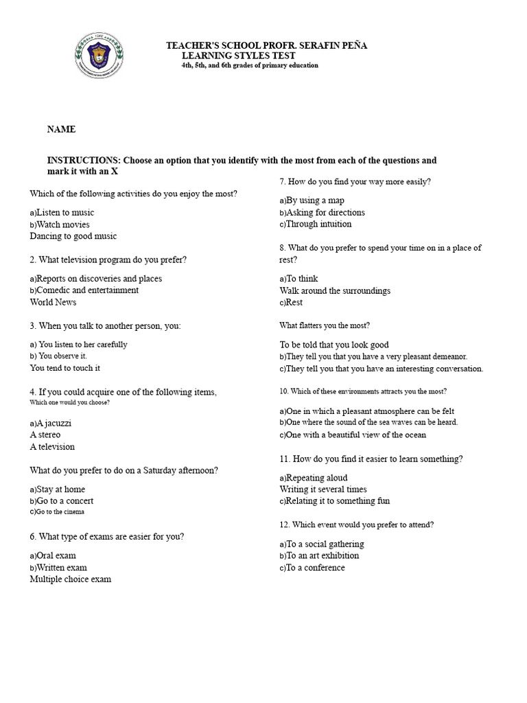 4th To 6th GRADE LEARNING STYLE TEST | PDF | Learning Styles | Cognition