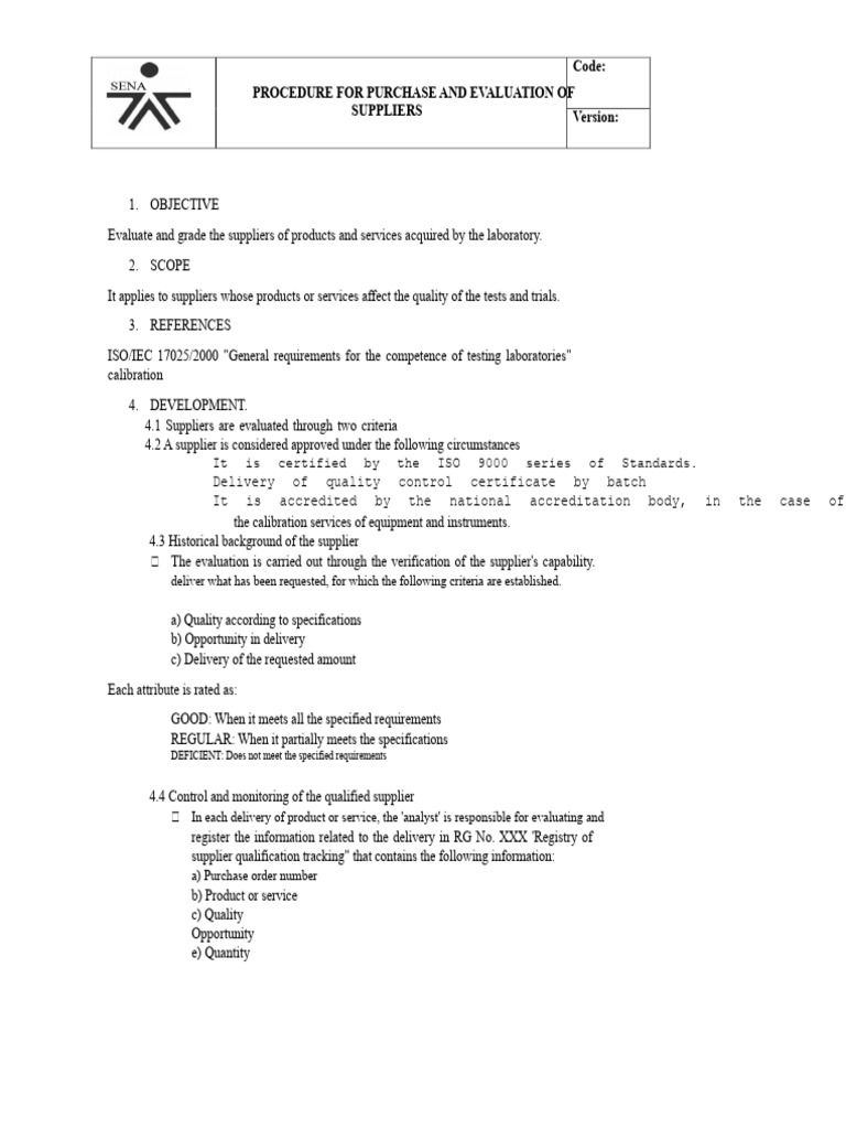 Supplier Evaluation and Purchase Procedure | PDF | Specification ...