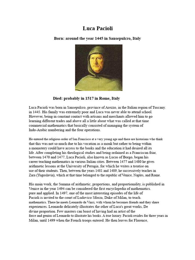 BIOGRAPHY Luca Pacioli | PDF | Mathematics