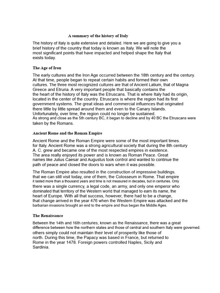 Overview of Italy's Historical Journey | PDF | Pizza | Etruscan ...