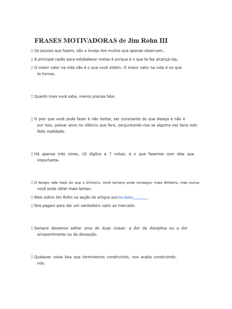 Frases Motivacionais de Jim Rohn | PDF | Tempo | Dinheiro