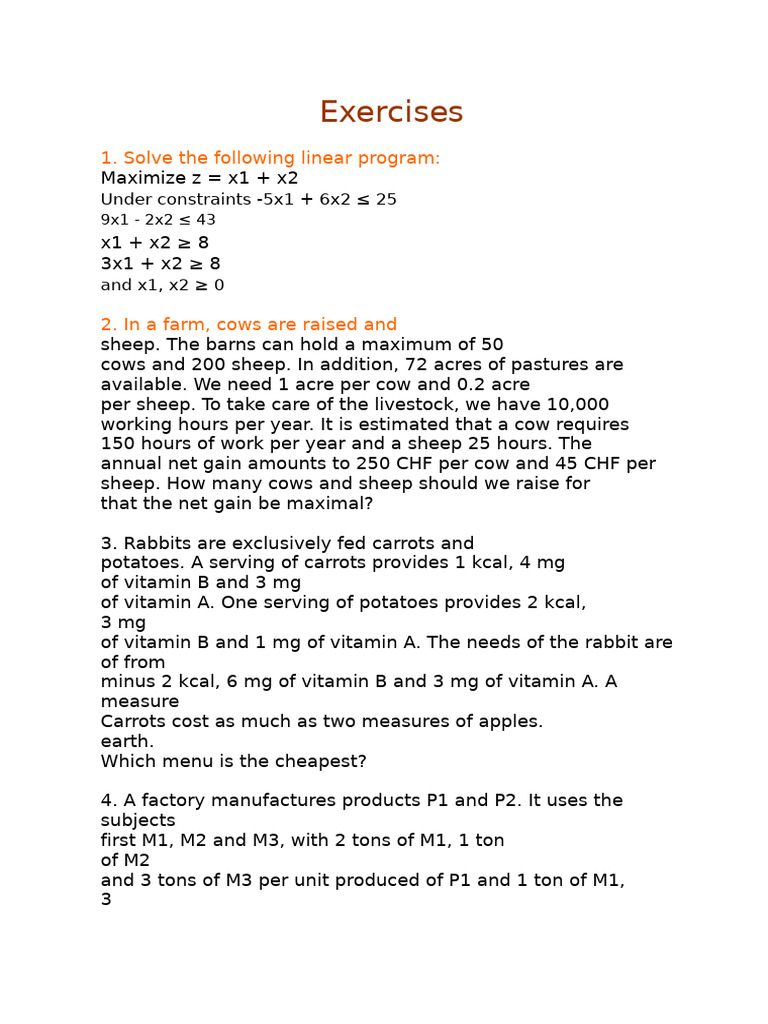 Linear Programming Exercises | PDF | Linear Programming