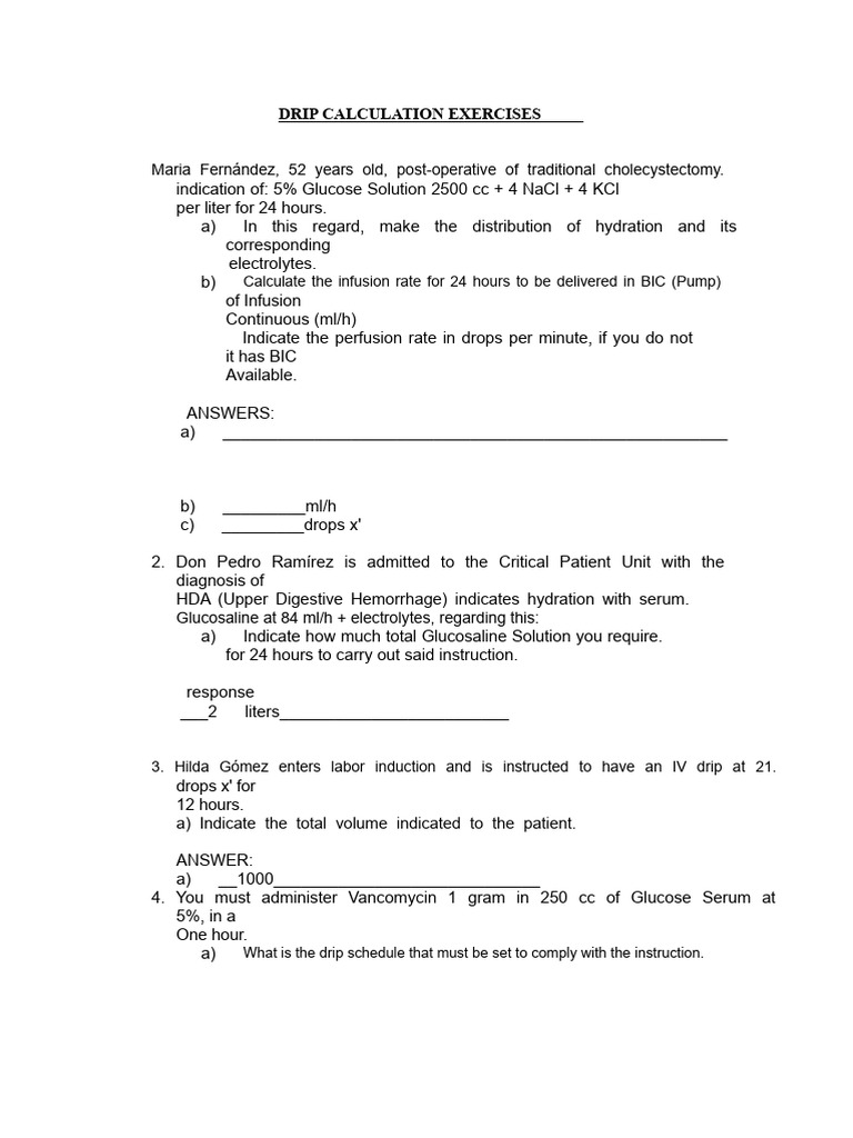 Drip Calculation Exercises | PDF | Intravenous Therapy | Medicine