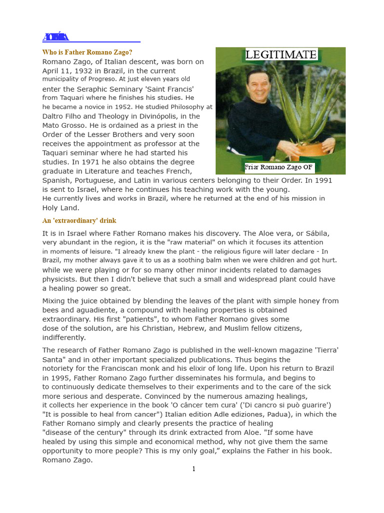 Aloe Arborescens Recipe Father Romano Zago | PDF | Honey