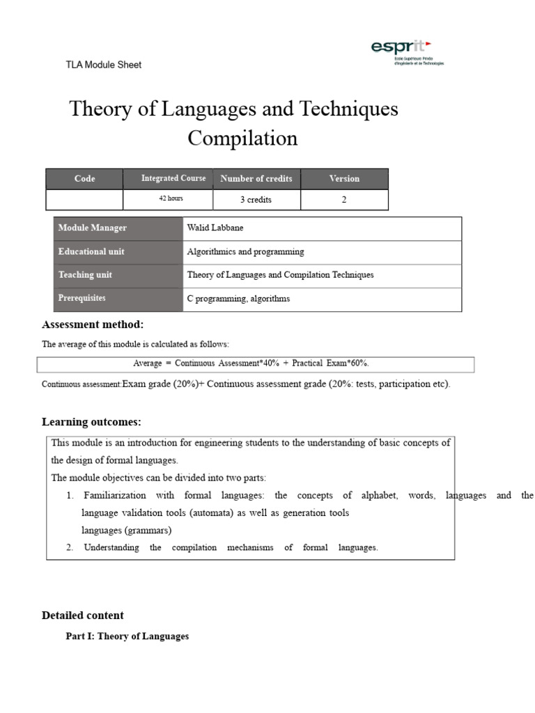Module Sheet Theory of Languages and Compilation Techniques | PDF ...