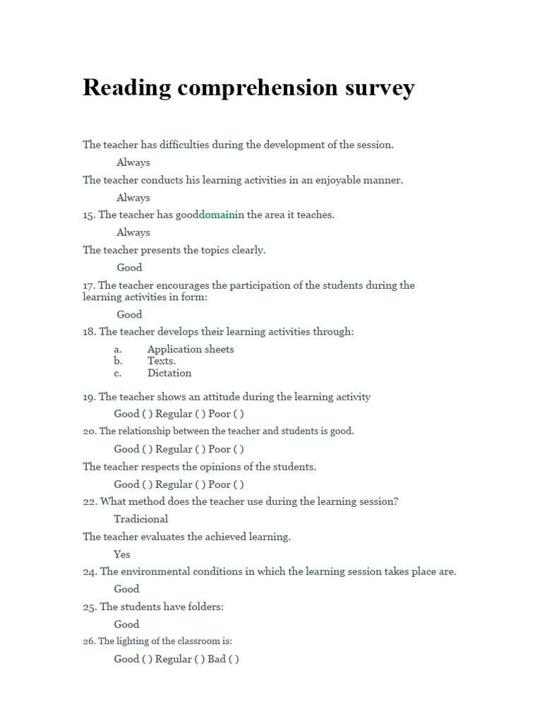 Reading Comprehension Survey | PDF | Teachers | Reading Comprehension