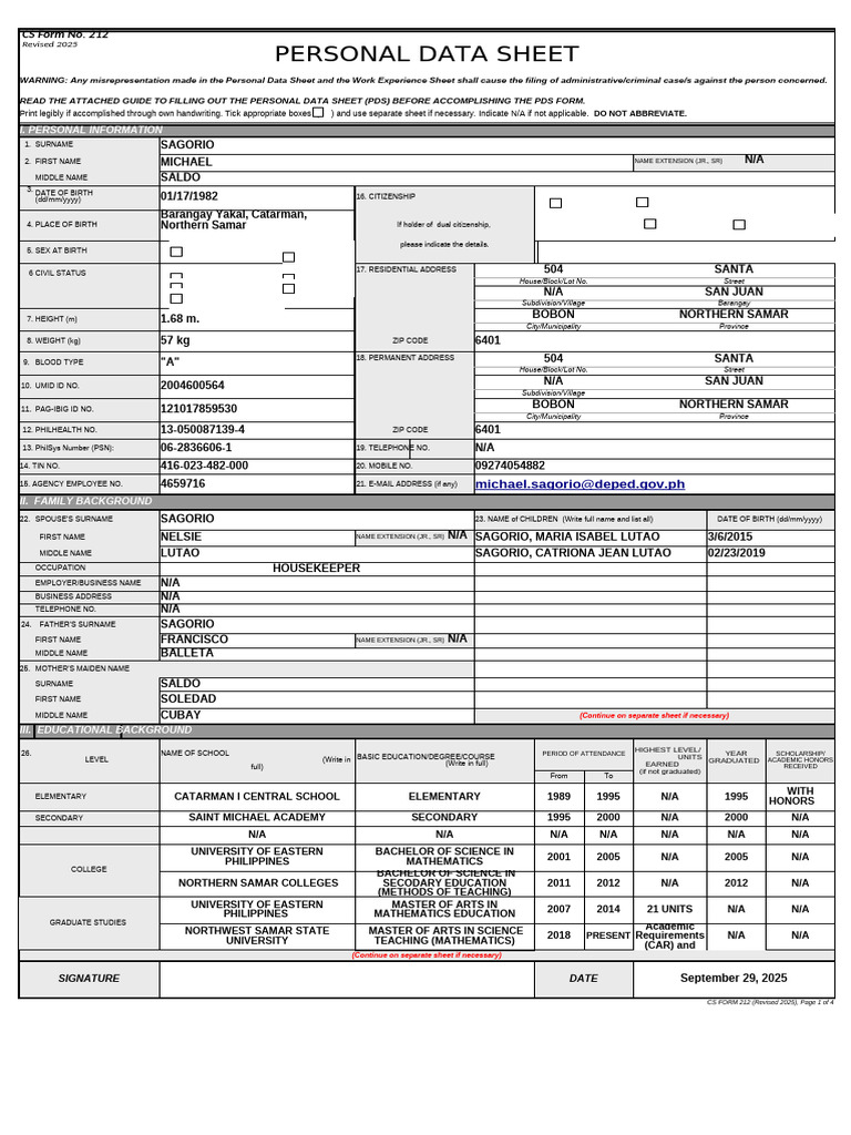 CS Form No. 212 Revised 2025 Personal Data Sheet - xlsx.MICHAEL | PDF ...
