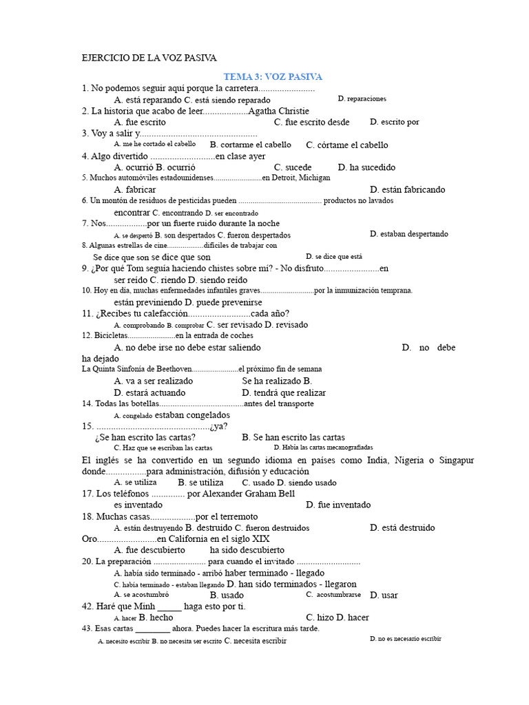 EJERCICIOS DE ORACIONES EN VOZ PASIVA Y SUGERENCIAS (Unidad 5) | PDF
