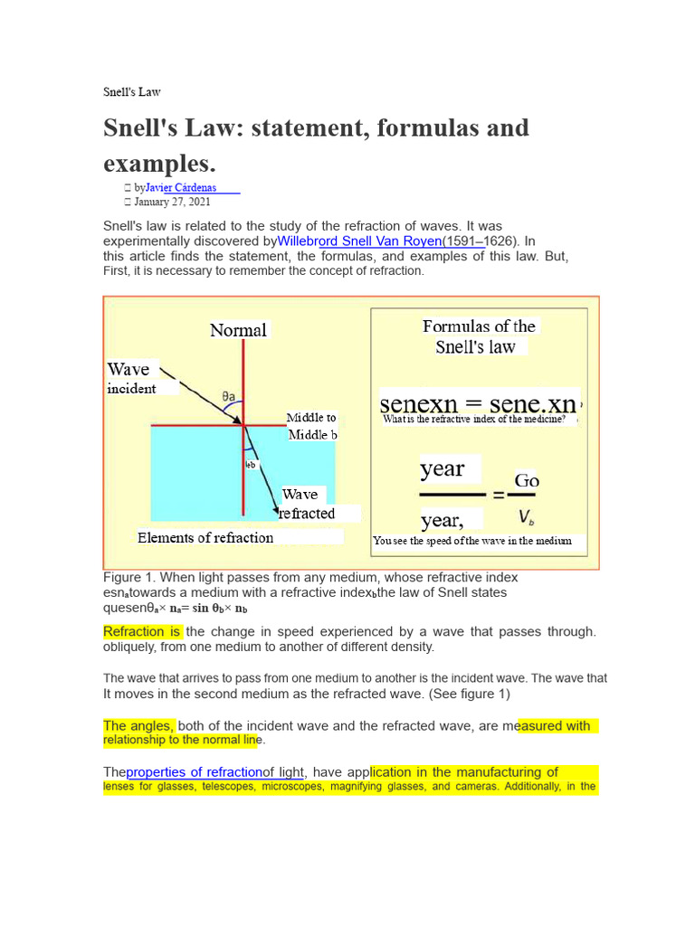 Snell's Law | PDF | Refraction | Refractive Index