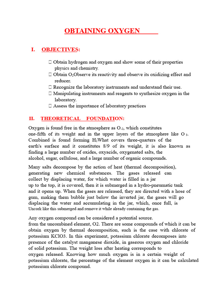 Oxygen Extraction Experiment Guide | PDF | Oxygen | Atoms