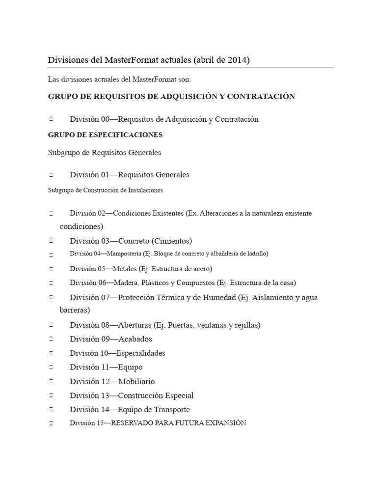 Divisiones del MasterFormat 2014 | PDF | Albañilería