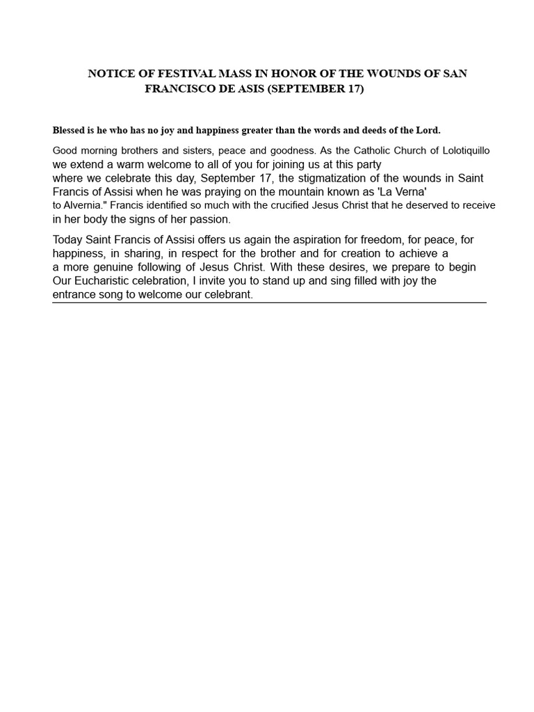 Mass Introduction For The Feast in Honor of The Wounds of Saint Francis of Assisi | PDF ...