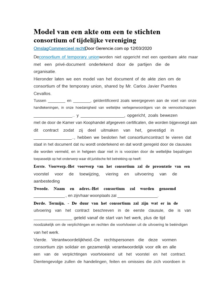 Model Van Akte Om Een Consortium of Tijdelijke Vereniging Op Te Richten ...