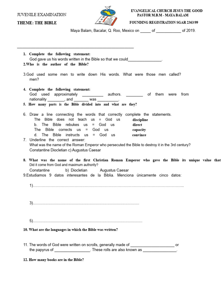 Bible Study Examination for Youth | PDF | Bible | Religious Belief And ...