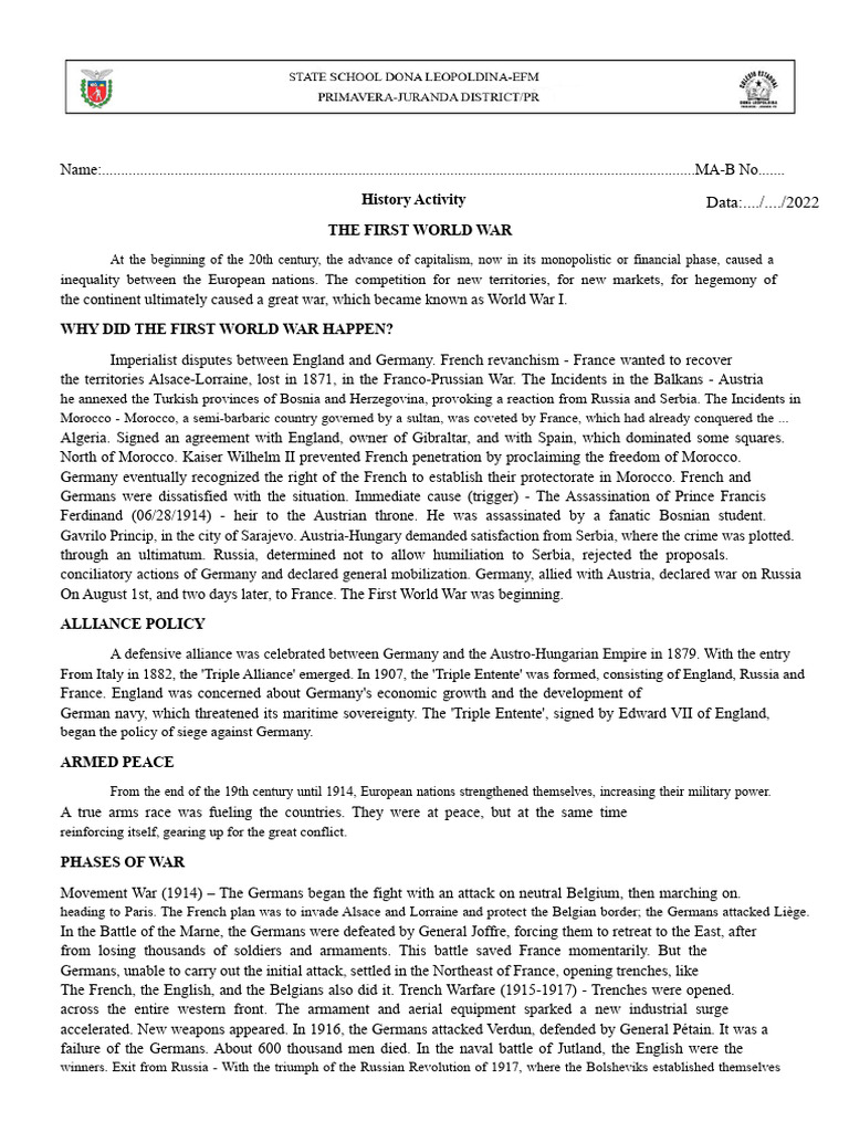 History Activity: World War I | PDF | Cost Of Living | German Empire