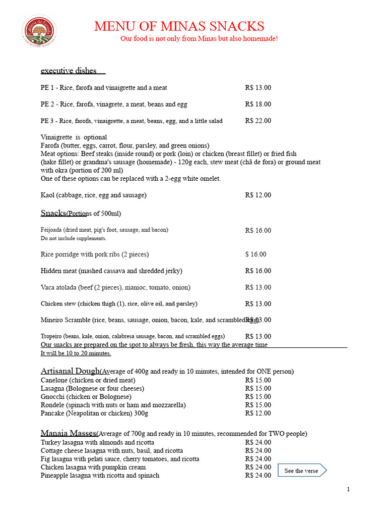 Minas Gerais Cuisine Menu | PDF | Ricotta | Sausage