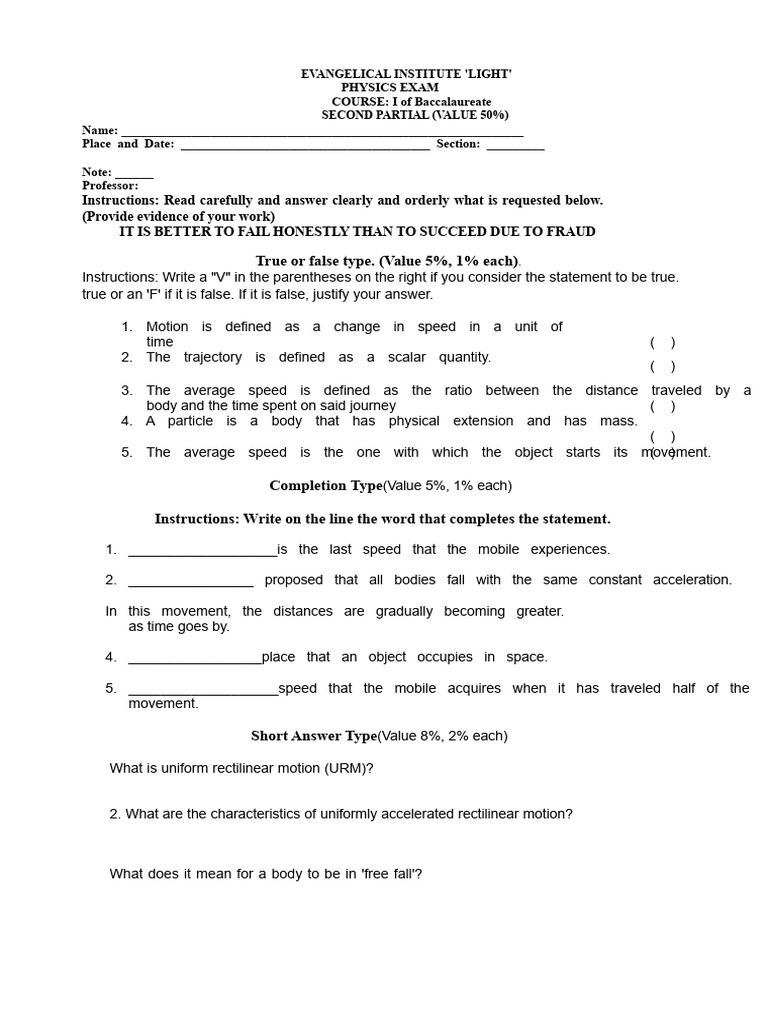 Physics I Exam Bach. II Partial 2012 | PDF | Speed | Acceleration