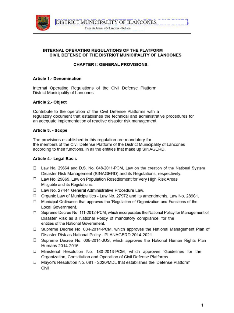 Internal Regulations Model of The Civil Defense Platform Lancones - 24. ...