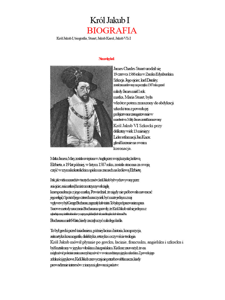 Król Jakub I - Biografia Króla Jakuba I | PDF