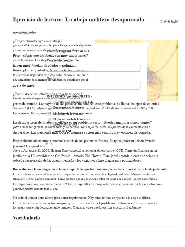 Ejercicio de Lectura - La Abeja Melífera Que Desaparece - EnglishClub ...