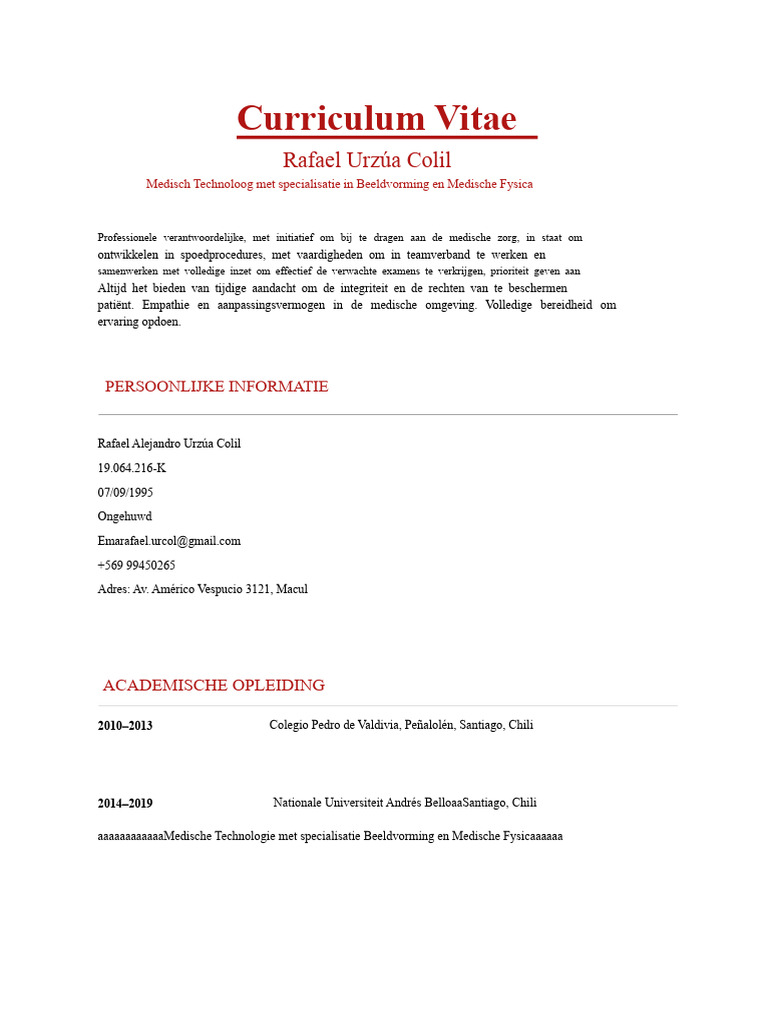 CV Rafael Urzua Colil Medisch Technoloog | PDF