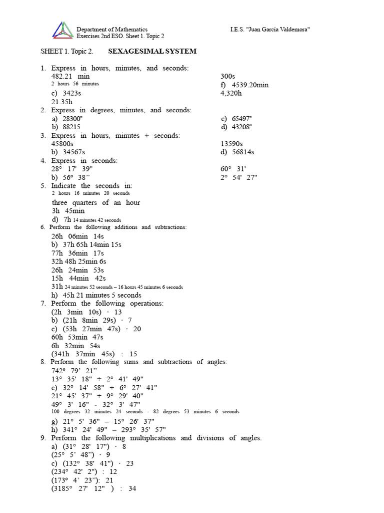 Sheet 1 Sexagesimal System Topic 2 | PDF