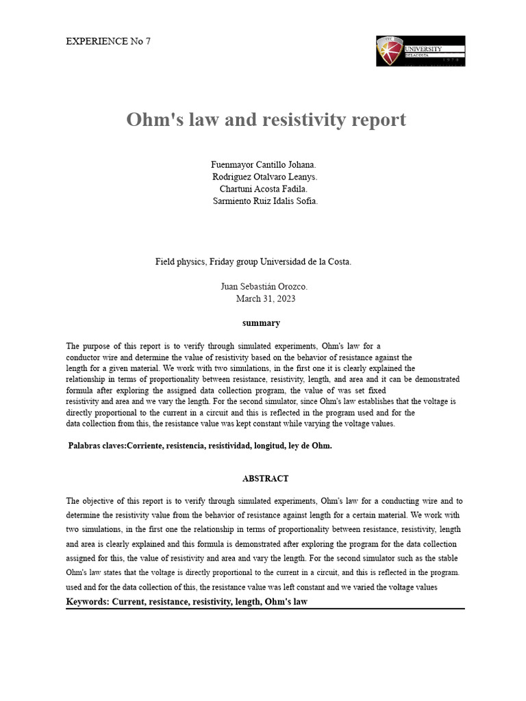 Ohm's Law and Resistivity Analysis | PDF | Electrical Resistivity And ...