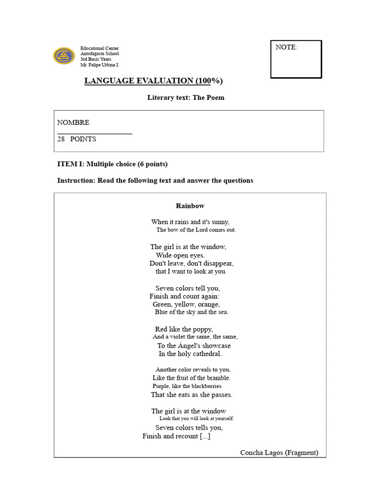 Language Test - The Poem | PDF | Rainbow | Multiple Choice