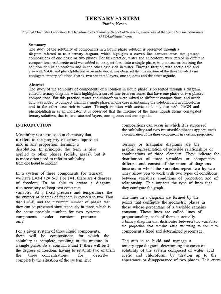 Report On Ternary Liquid System | PDF | Phase (Matter) | Solubility
