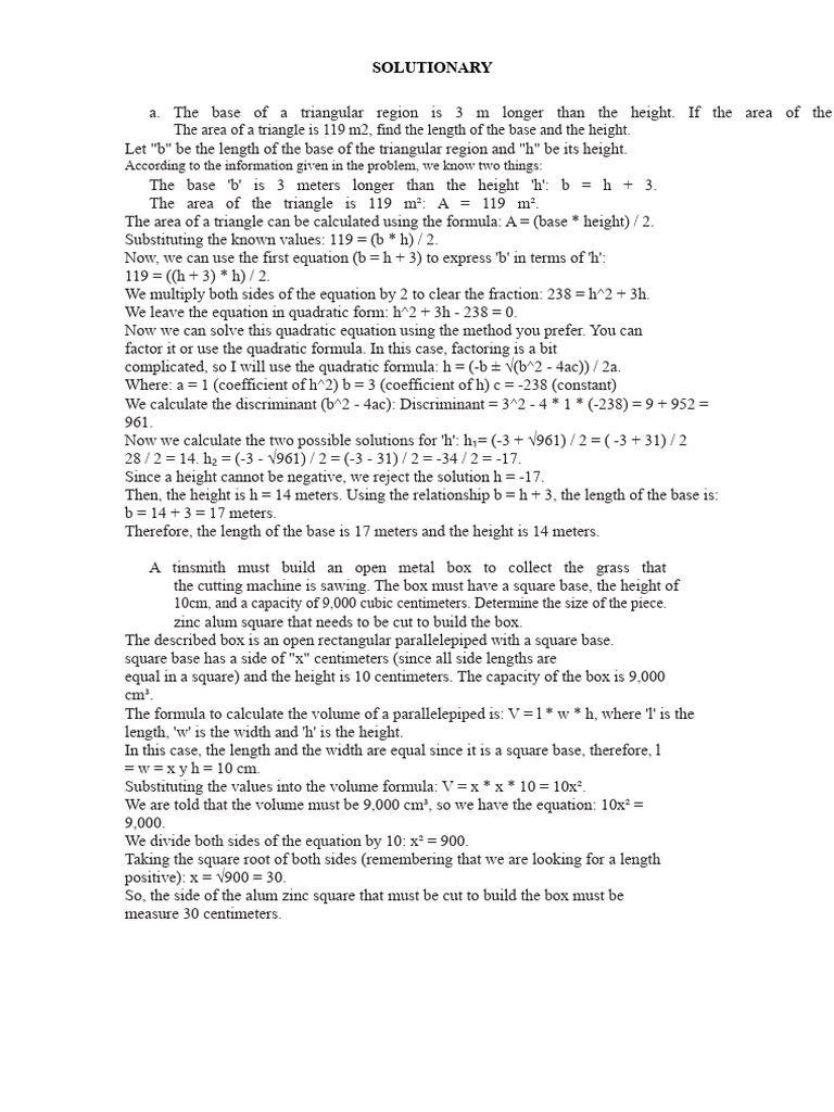 Triangle and Box Volume Problems Explained | PDF | Area | Quadratic ...