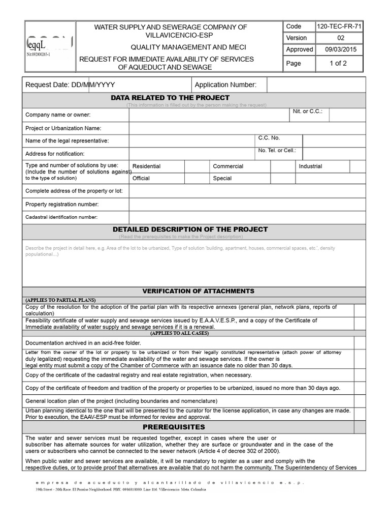 Form For Immediate Request For Water Supply and Sewer Services | PDF ...