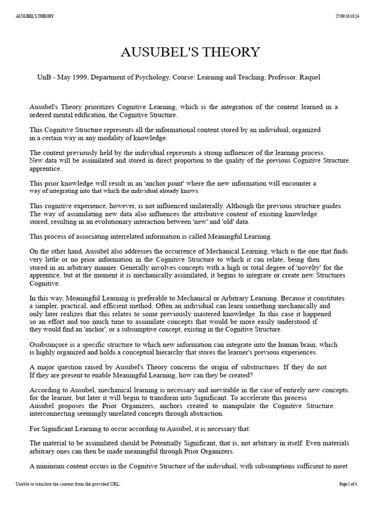 Theory of David Ausubel | PDF | Concept | Learning