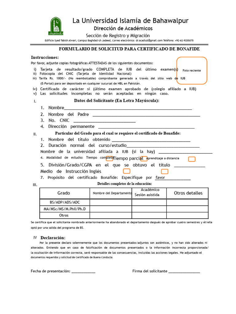 Formulario Nuevo de Estudiante Bona Fide de Iub | PDF